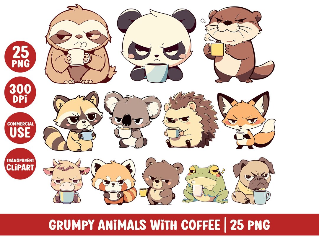 Grumpy Animals Drink Coffee Clipart Cute Animal PNG Cartoon ...