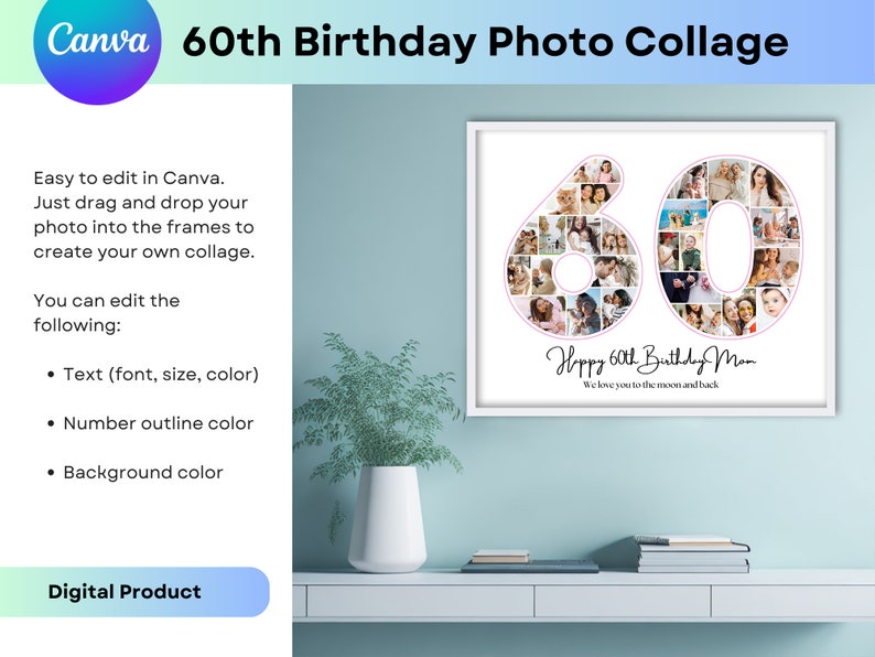 60th Birthday Number 60 Photo Collage Canva Template Personalized ...