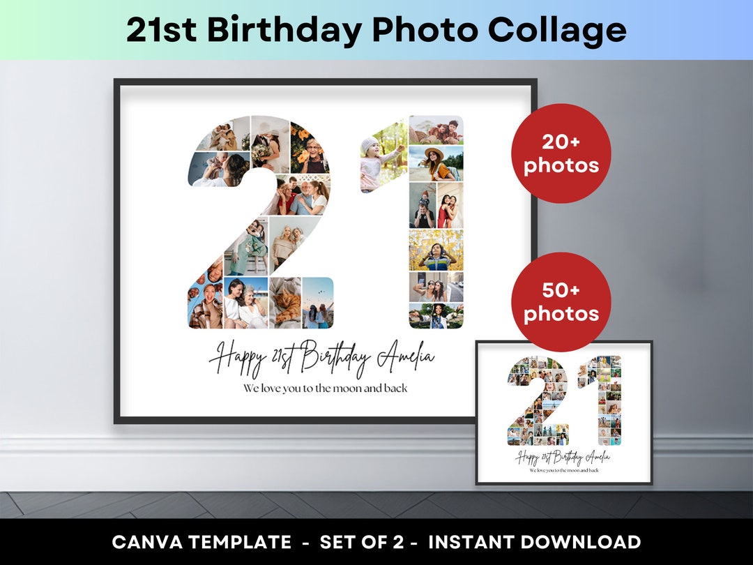 21st Birthday Number 21 Photo Collage Printable Canva Frame Template ...