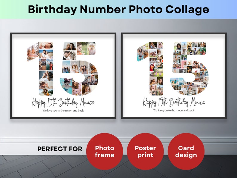 15th Birthday Number 15 Photo Collage Printable Canva Frame Template ...