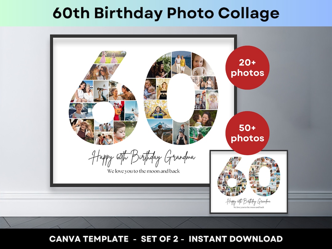 60th Birthday Number 60 Photo Collage Printable Canva Frame Template ...