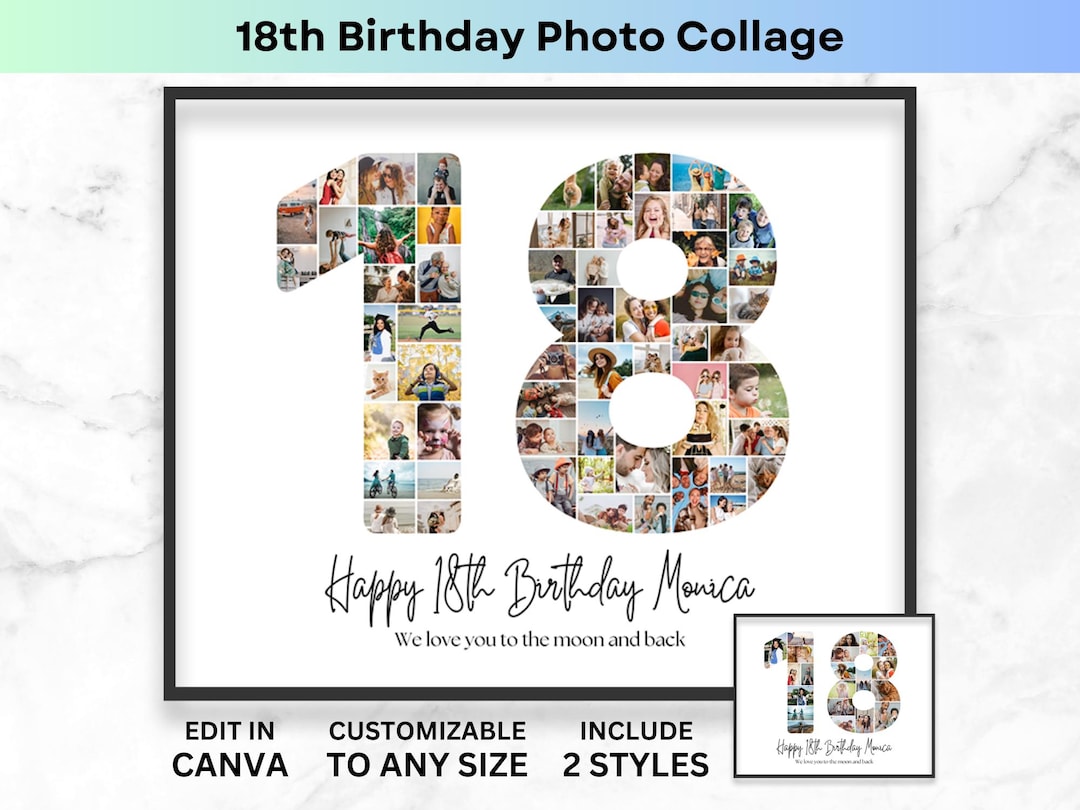 18th Birthday Number 18 Photo Collage Printable Canva Frame Template ...