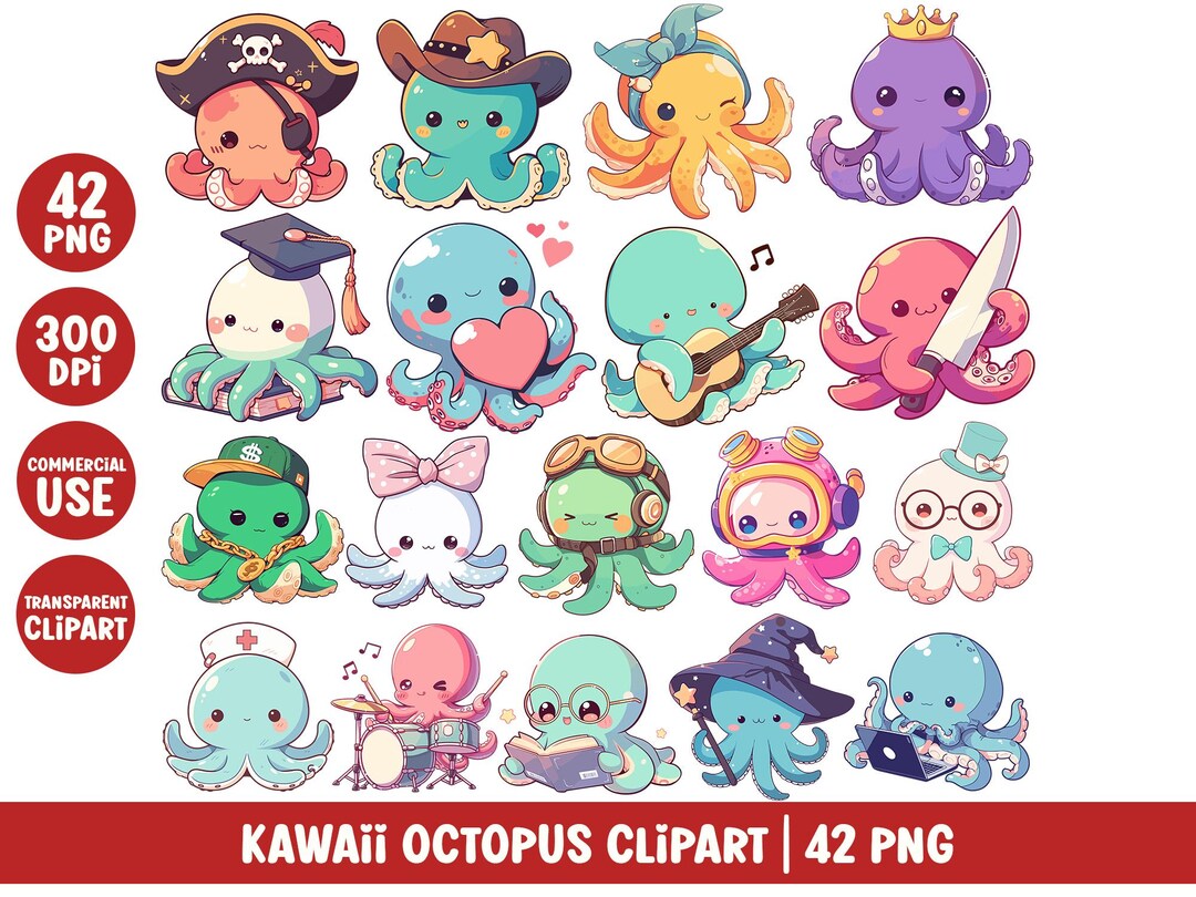 Kawaii Octopus Clipart Cute Octopus PNG Digital Sticker Bundle Set ...