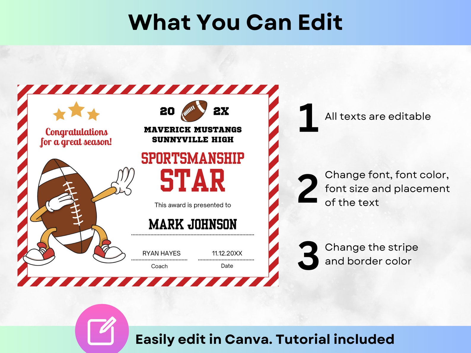 Football Certificate Editable Kids Football Team Awards Canva - Etsy