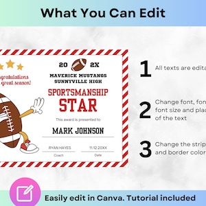 Football Certificate Editable Kids Football Team Awards Canva Template ...