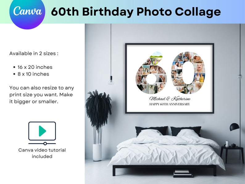 60th Birthday Number 60 Photo Collage Canva Template Personalized ...