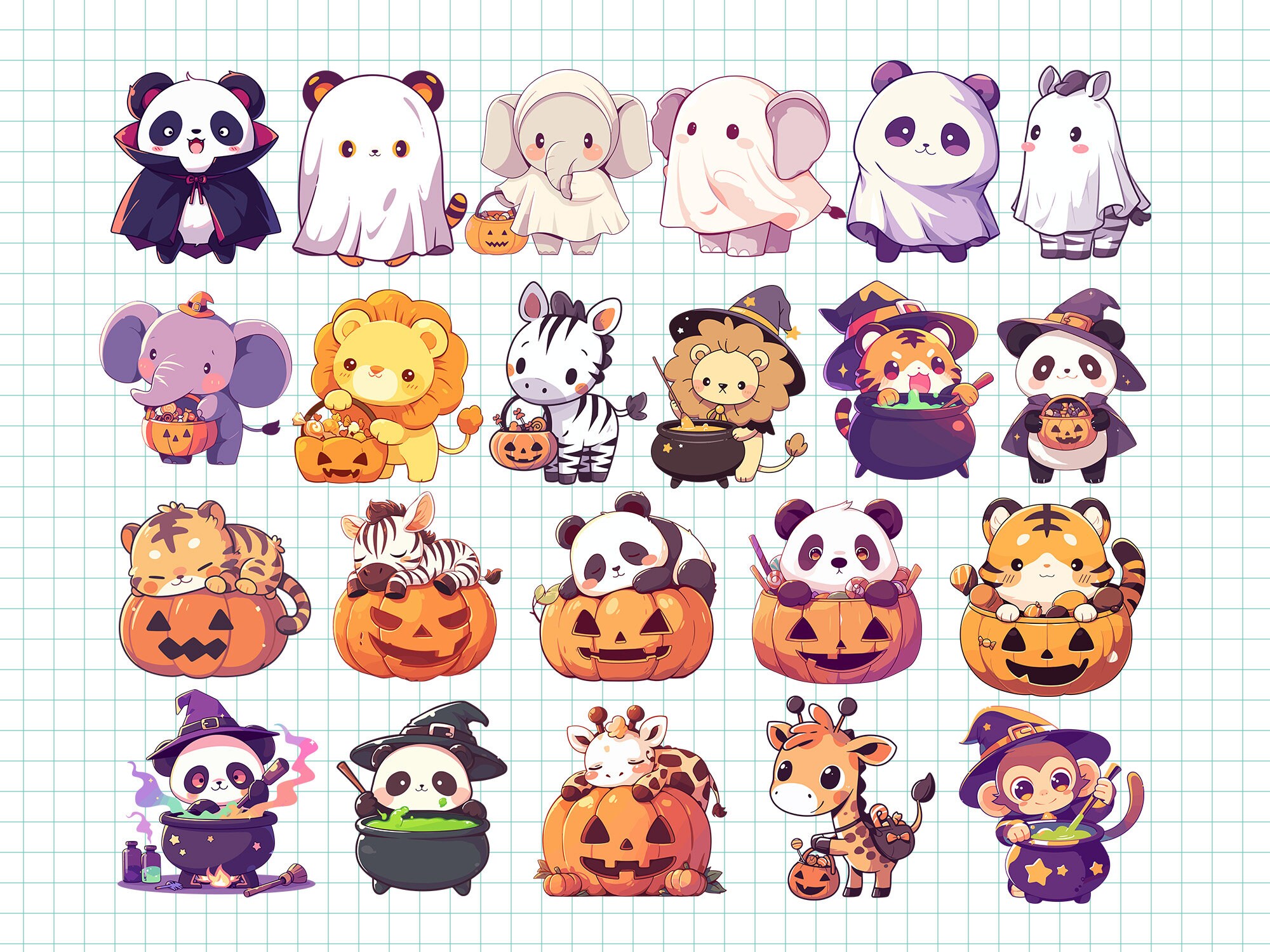 Halloween Safari Animals Clipart Cute Zoo Animal PNG Kawaii Cartoon ...