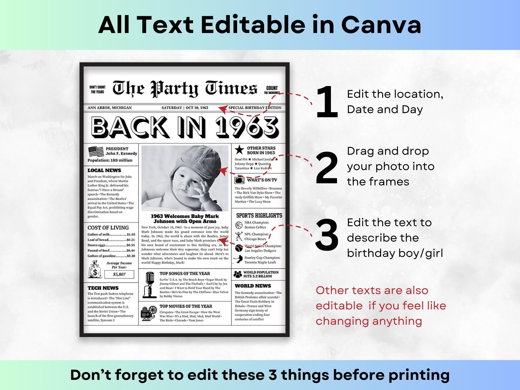 60th Birthday Newspaper Back in 1963 Printable Poster Editable - Etsy