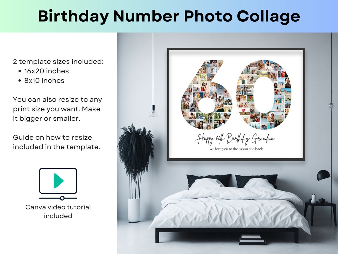 60th Birthday Number 60 Photo Collage Printable Canva Frame - Etsy