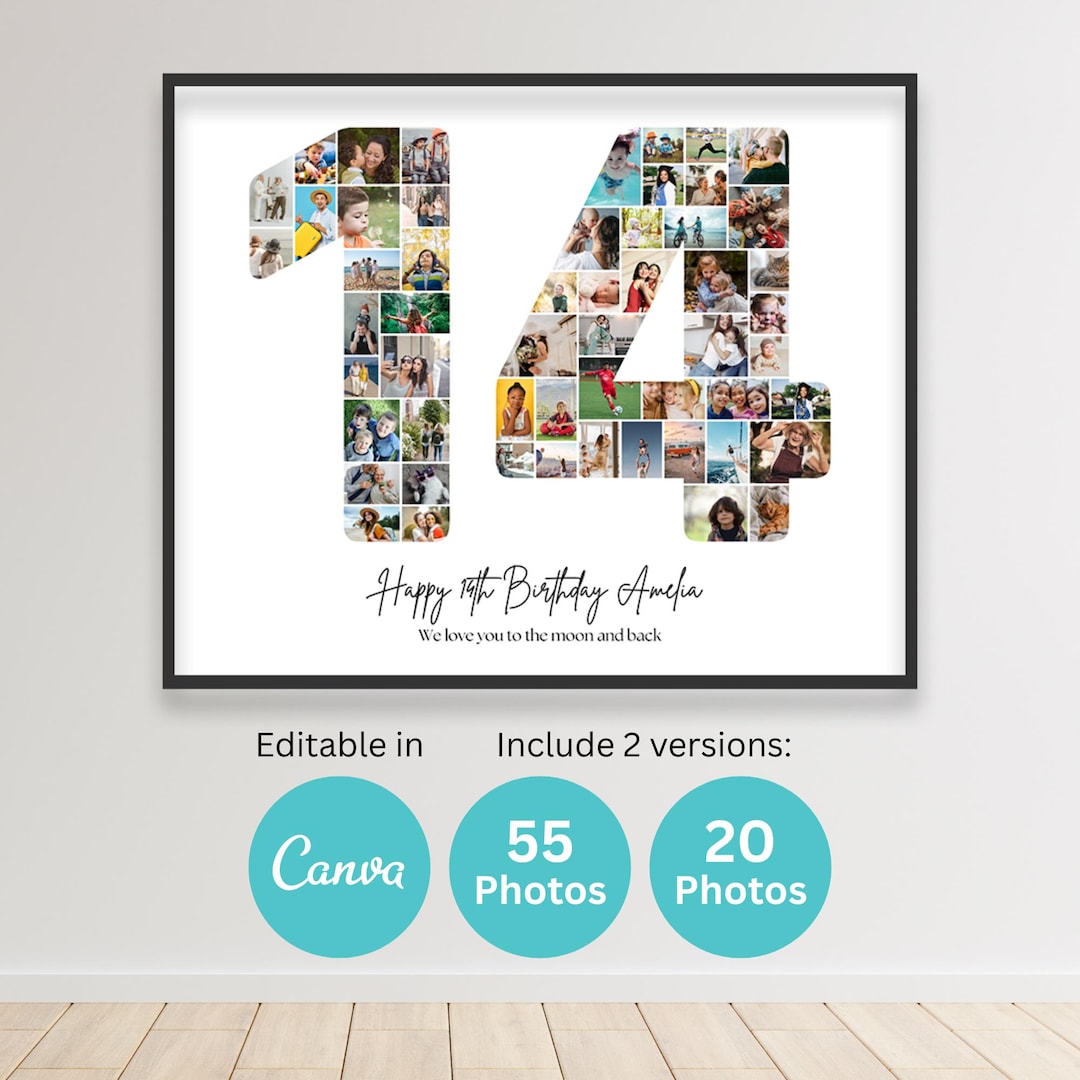 14th Birthday Number 14 Photo Collage Printable Canva Frame Template ...