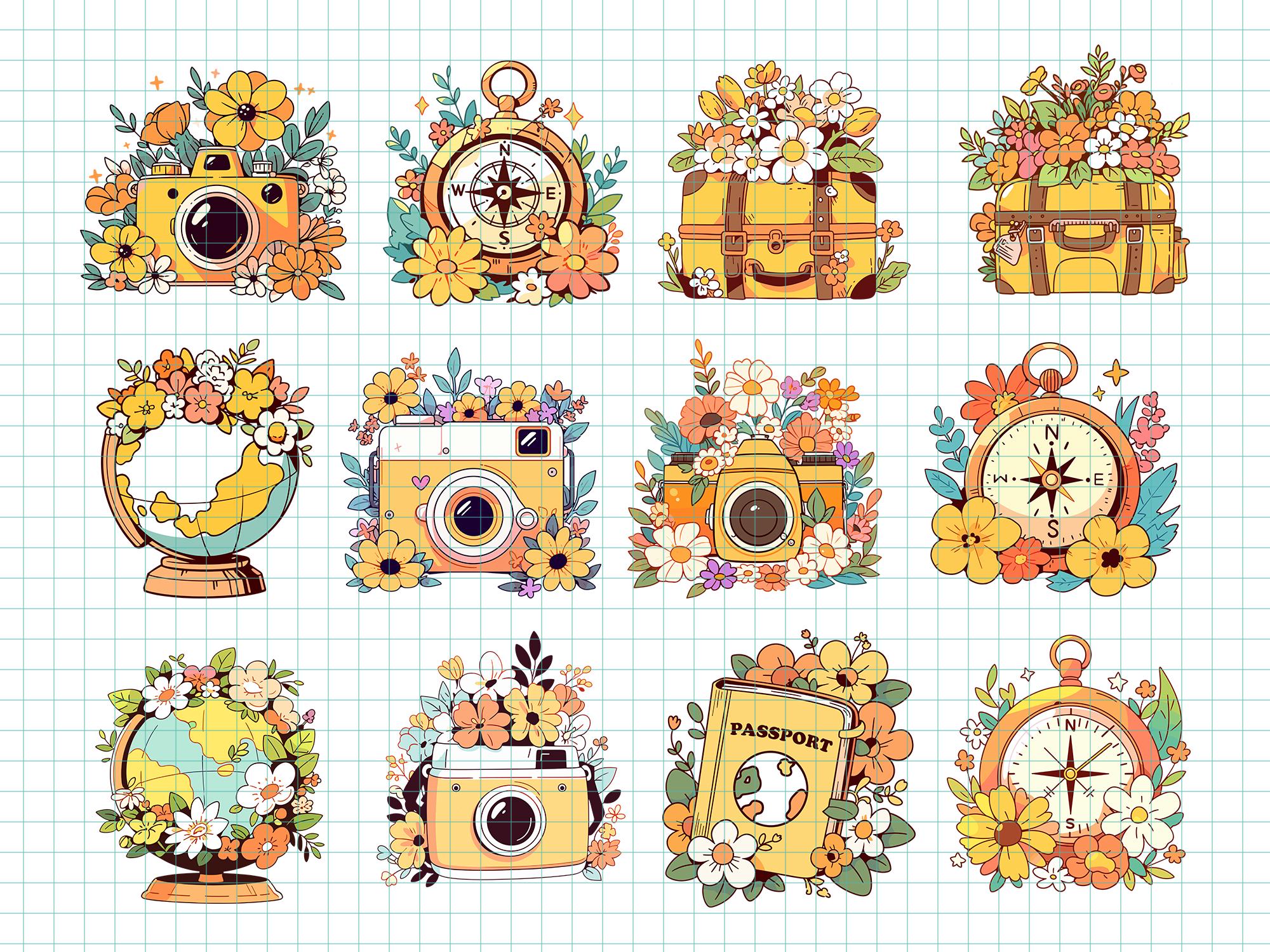 Floral Travel Clipart Cute Wanderlust Flower PNG Vintage Retro Boho ...