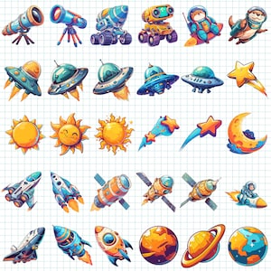 Cute Outer Space Clipart Astronaut PNG Bundle Planets Rocket UFO ...