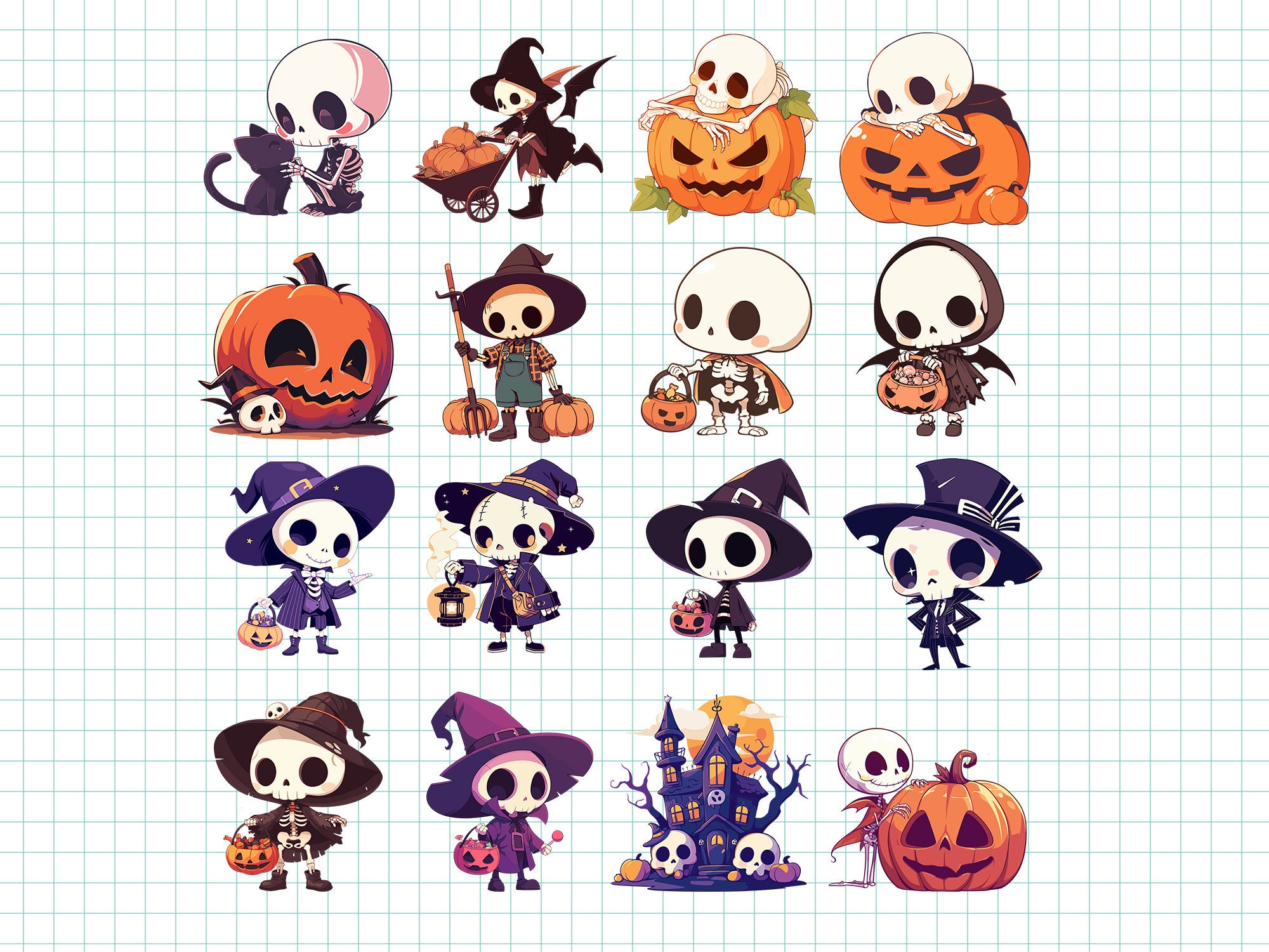 Halloween Skeletons Clipart Cute Skull PNG Bundle Set Kawaii Spooky ...