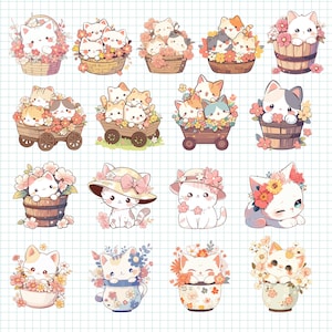 Cute Cat Floral Spring Clipart Kawaii Cat PNG Bundle Set Spring Season ...