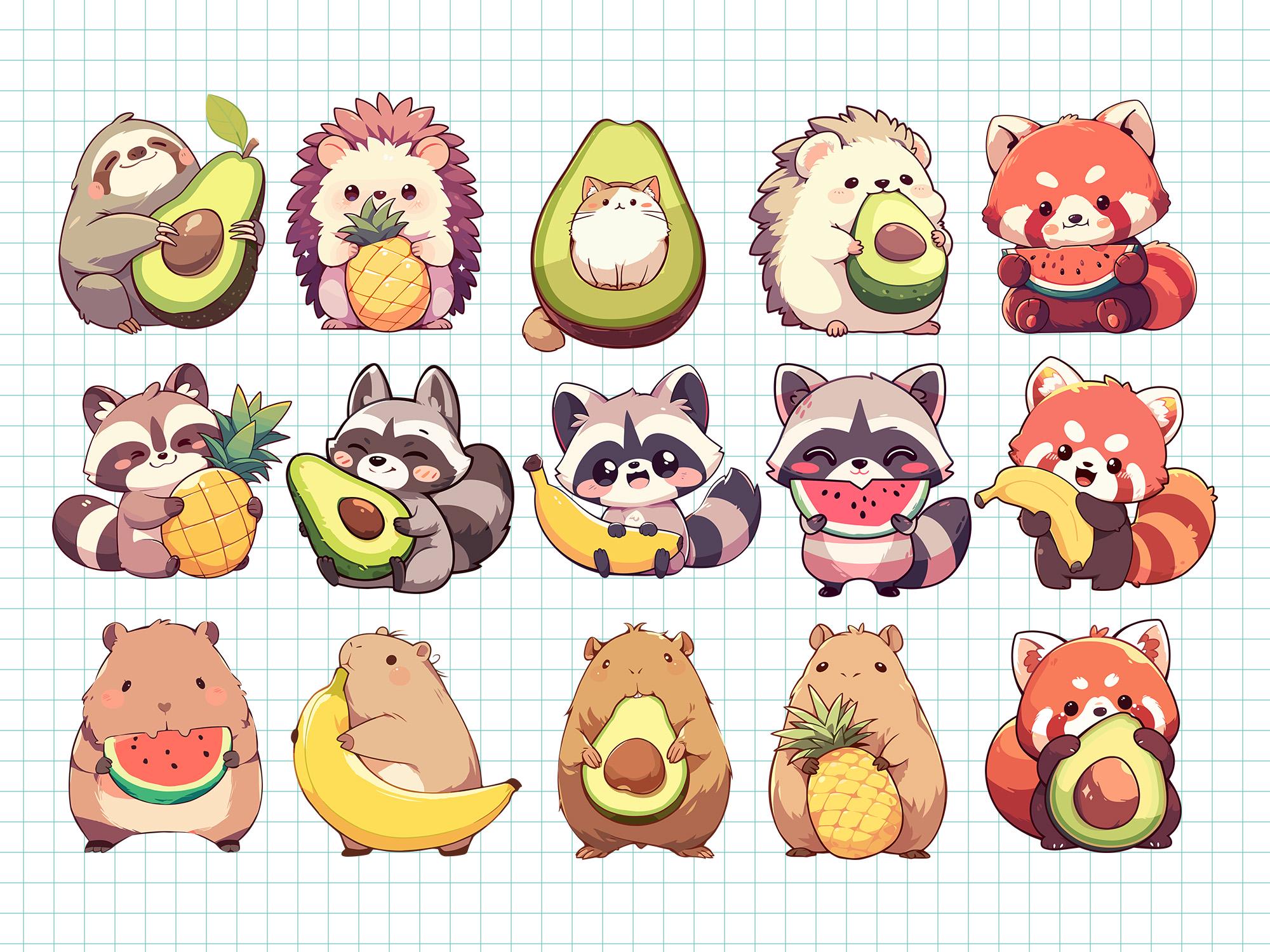 Kawaii Animal and Fruit Clipart PNG Bundle Set Cute Cartoon ...
