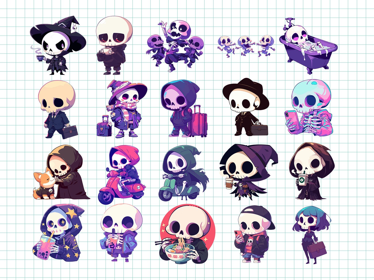 Kawaii Skeletons Clipart Cute Skull PNG Bundle Set Skeleton Cartoon ...