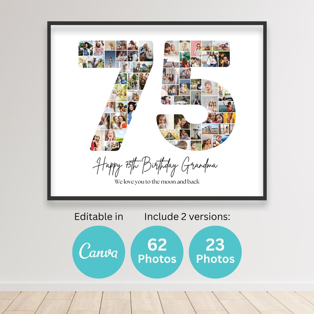 75th Birthday Number 75 Photo Collage Printable Canva Frame Template ...