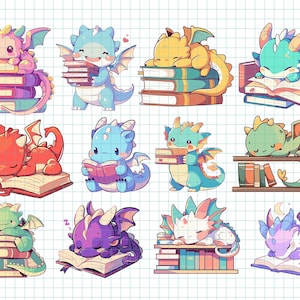 Cute Dragon Book Lover Clipart Kawaii Baby Dragon Reading Bookish PNG ...
