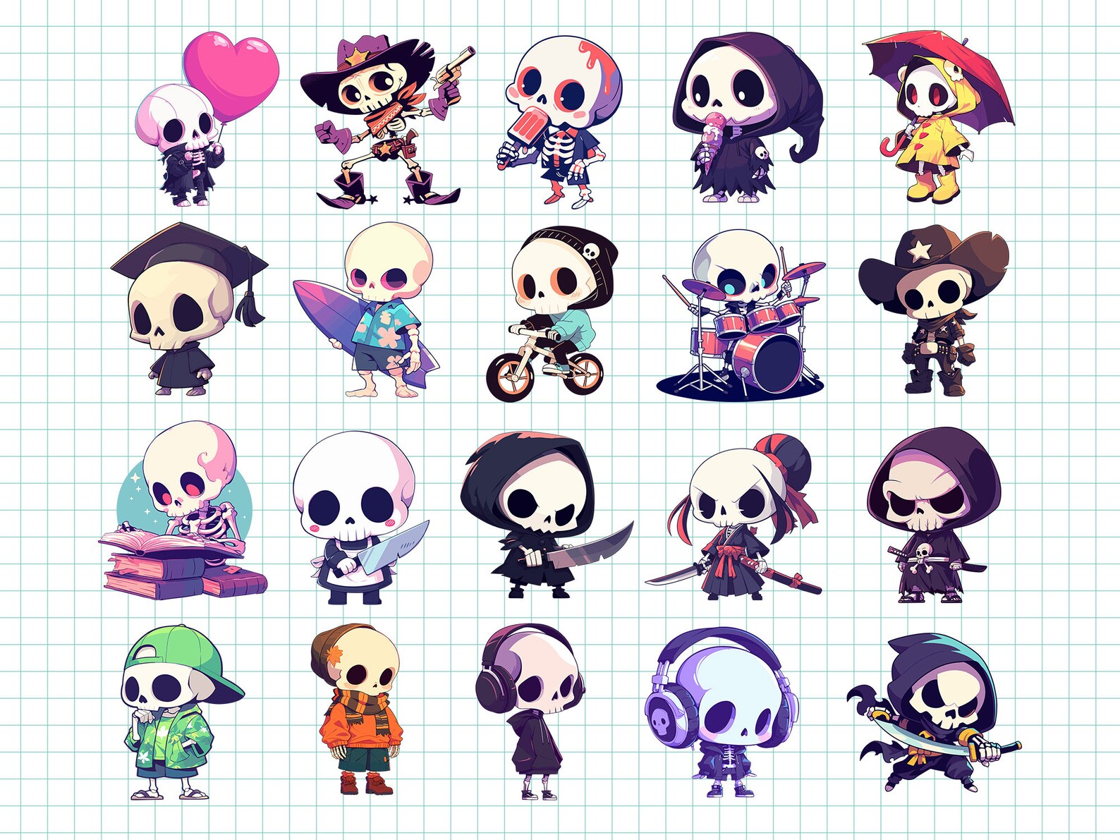 Kawaii Skeletons Clipart Cute Skull PNG Bundle Set Skeleton Cartoon ...