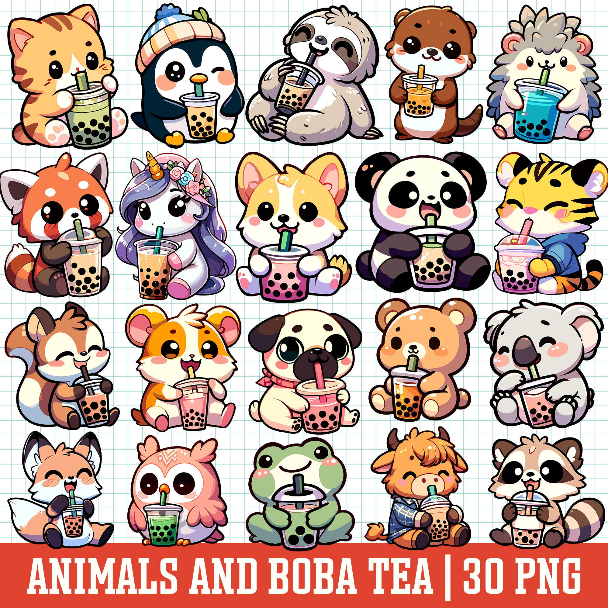 Cute Animals Drink Boba Tea Clipart Transparent PNG Bundle Set Kawaii ...