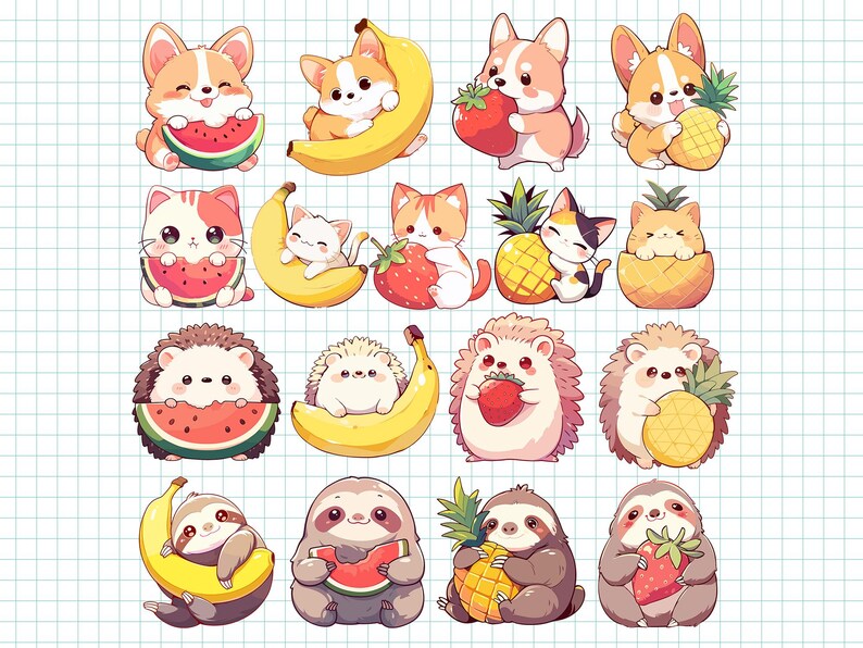 Kawaii Animal and Fruit Clipart PNG Bundle Set Cute Cartoon ...