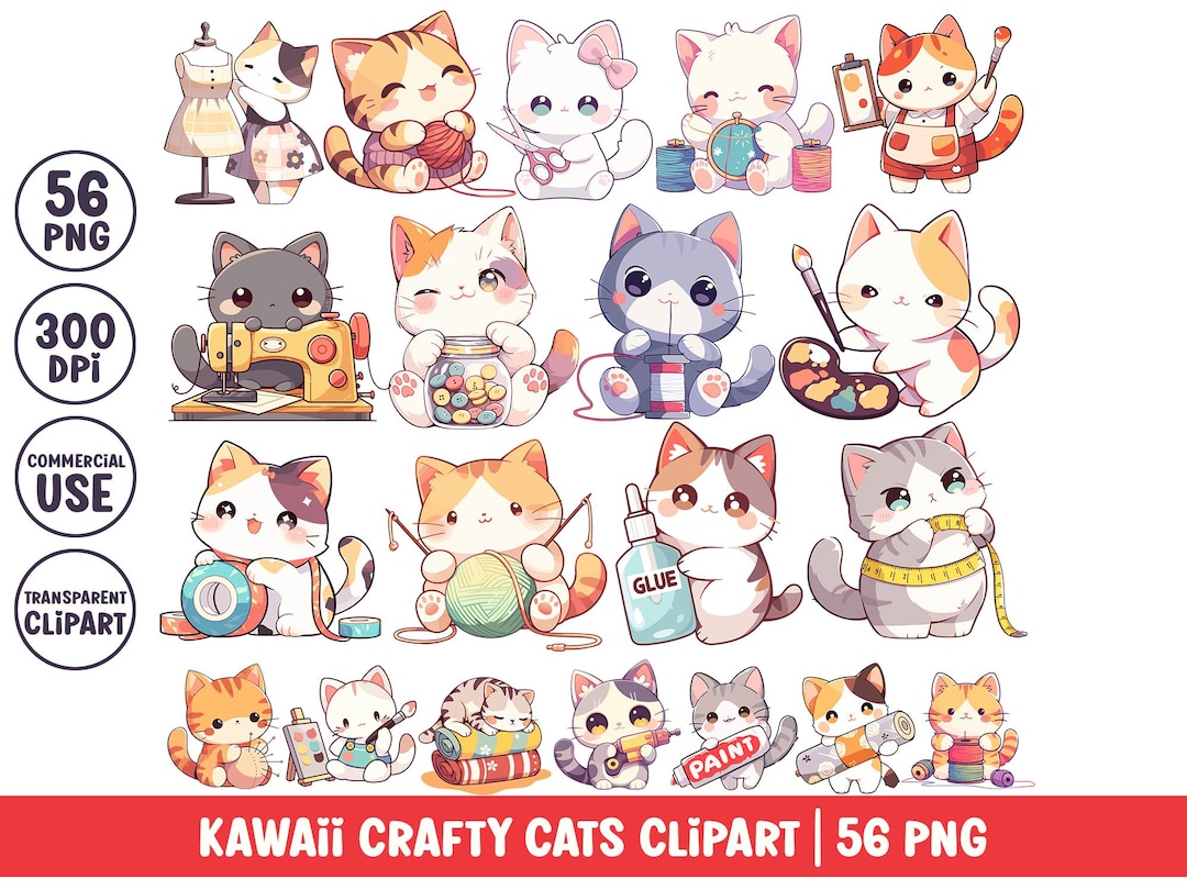 Kawaii Cats Crafting Clipart Artistic Crafty Cute PNG Bundle Sewing ...