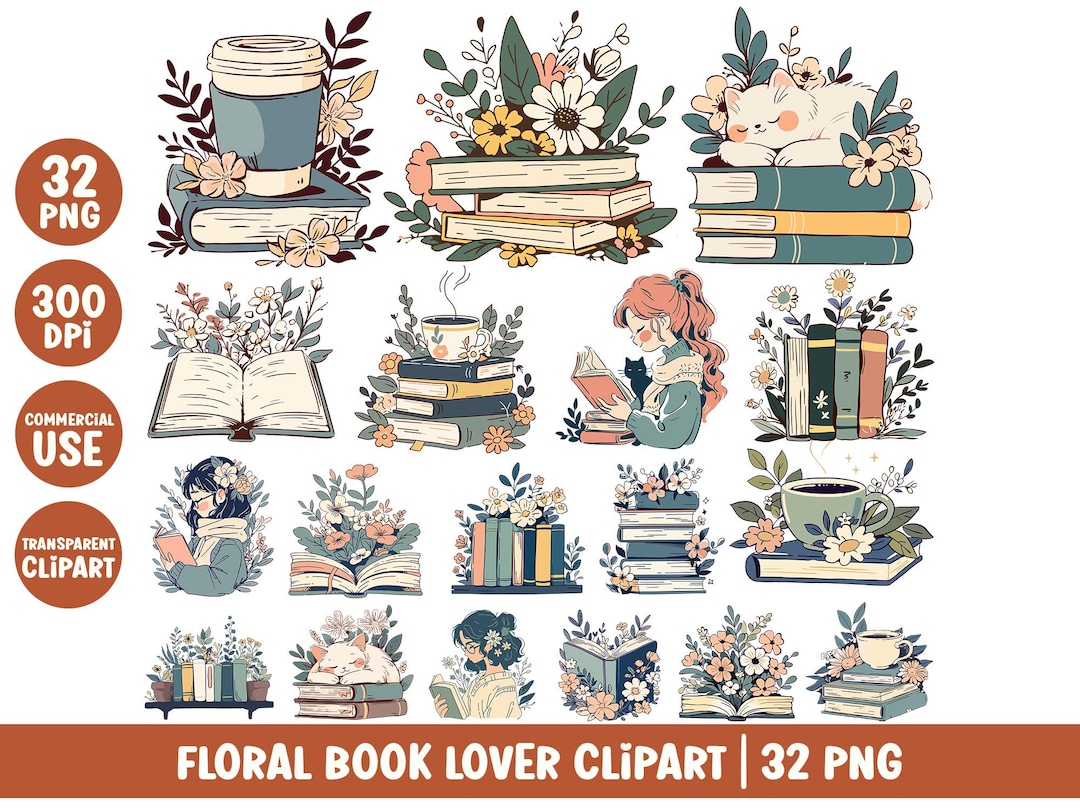 Reading Book PNG Vintage Floral Book Lover Clipart Bookish Flower ...