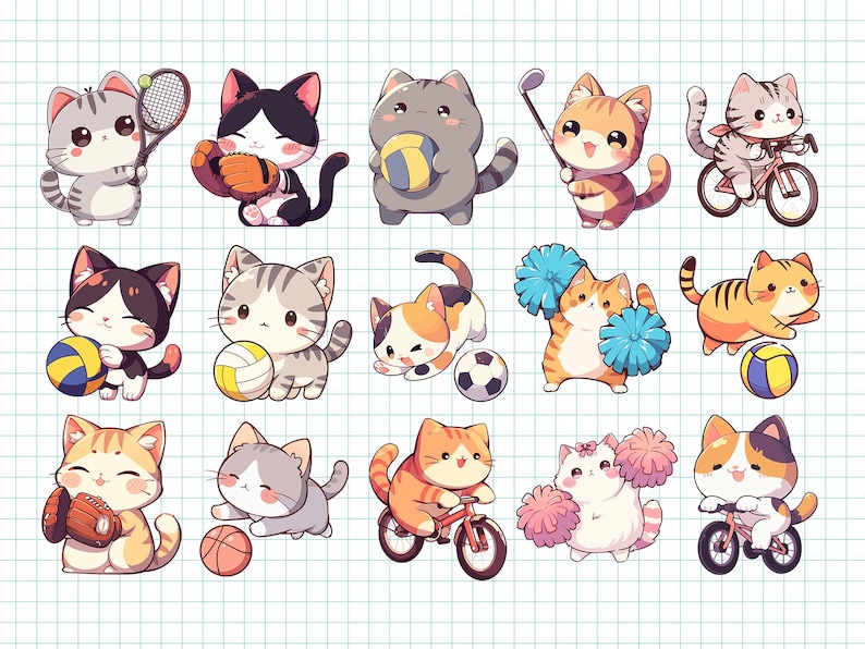 Kawaii Cat Sports Clipart Cute Kitty PNG Cats Playing Football Soccer ...