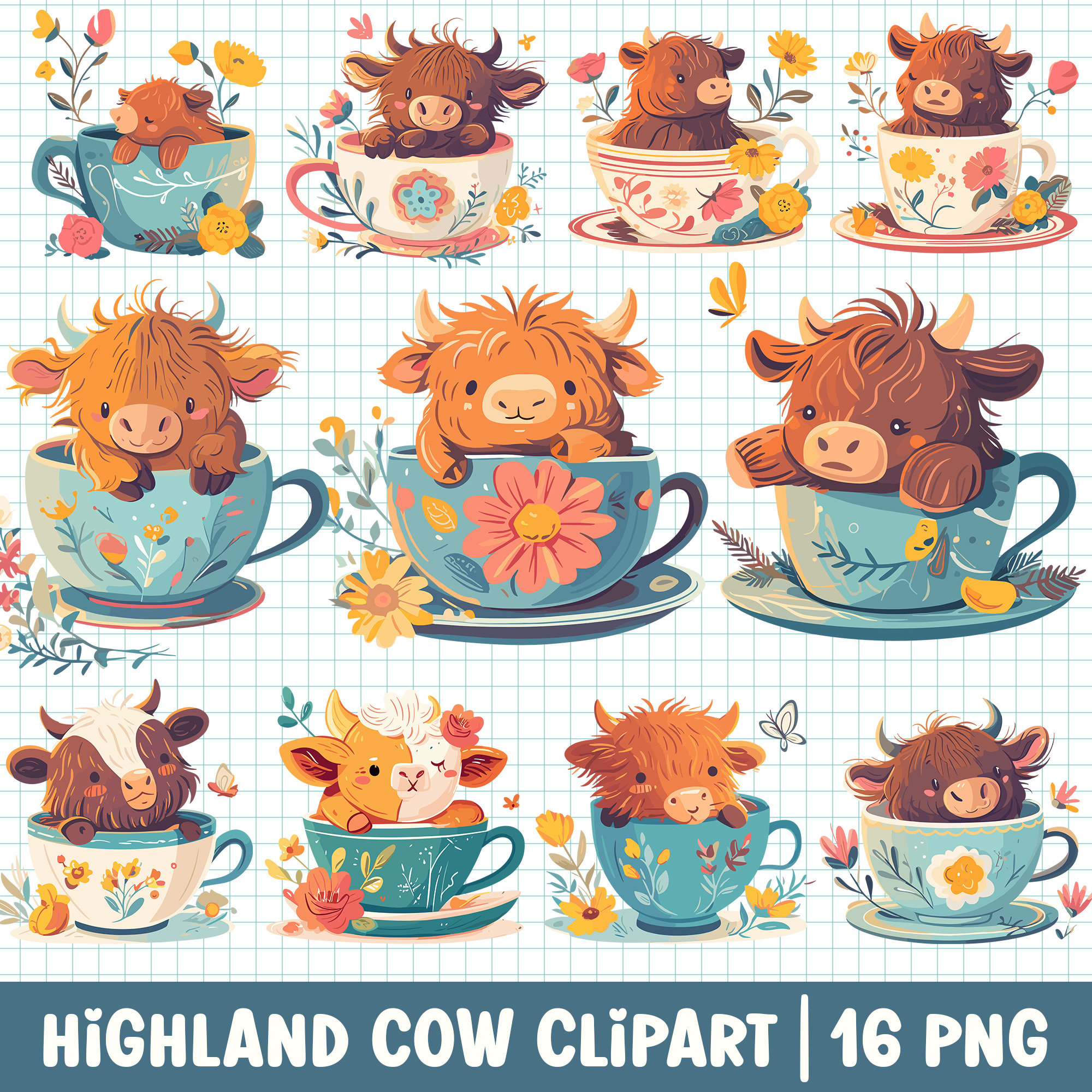 Cute Highland Cow in Teacup Clipart Transparent PNG Bundle Set Tea ...