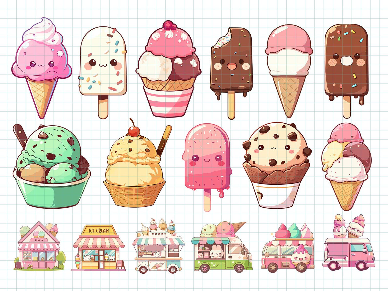 Cute Ice Cream Clipart Kawaii Ice Cream Sundae PNG Bundle Truck Shop ...