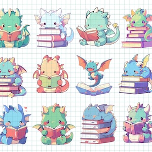 Cute Dragon Book Lover Clipart Kawaii Baby Dragon Reading Bookish PNG ...
