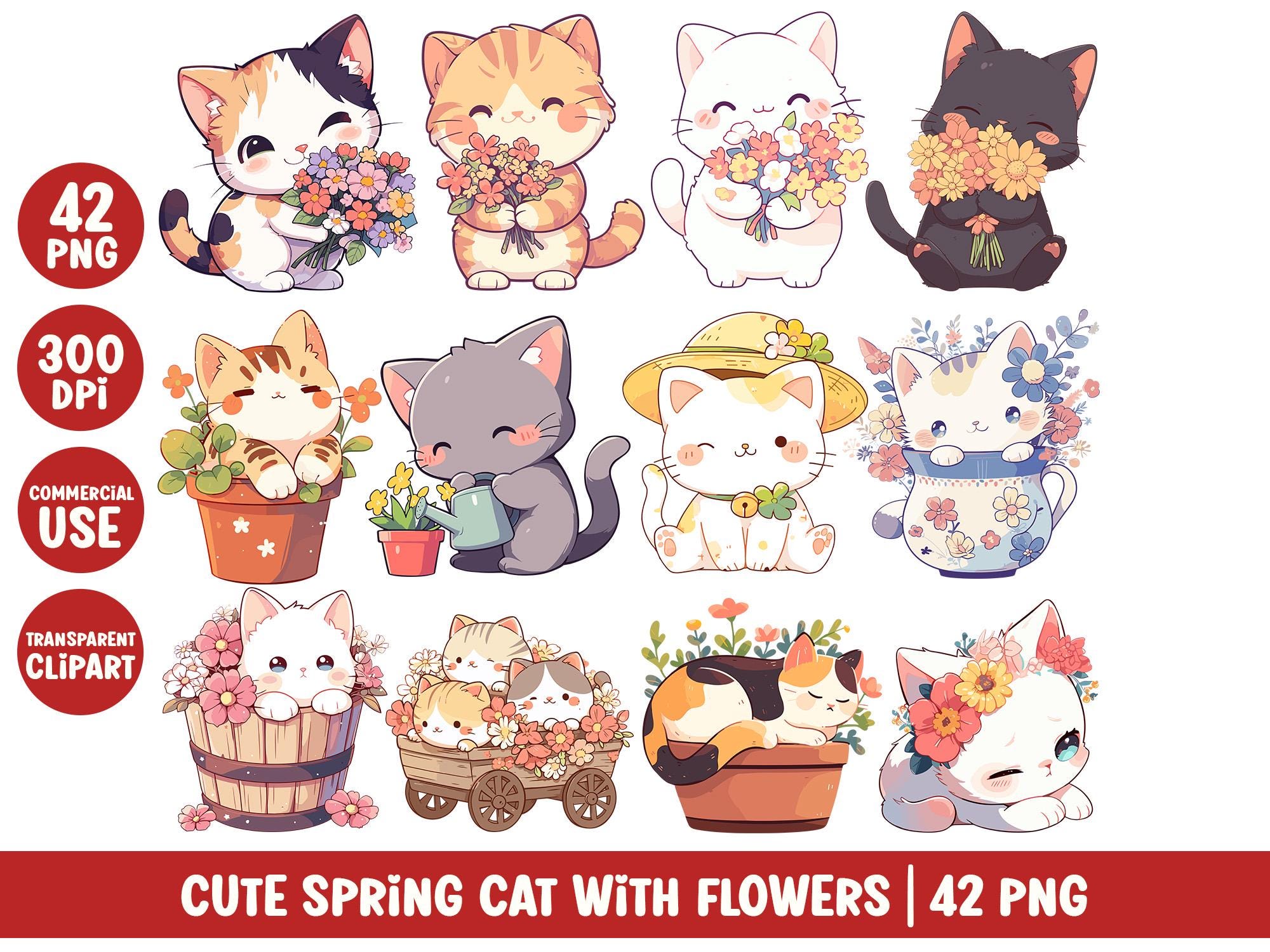 Cute Cat Floral Spring Clipart Kawaii Cat PNG Bundle Set Spring Season ...