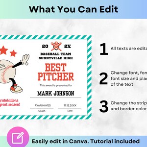 Baseball Certificate Editable Kids Baseball Team Awards Canva Template ...