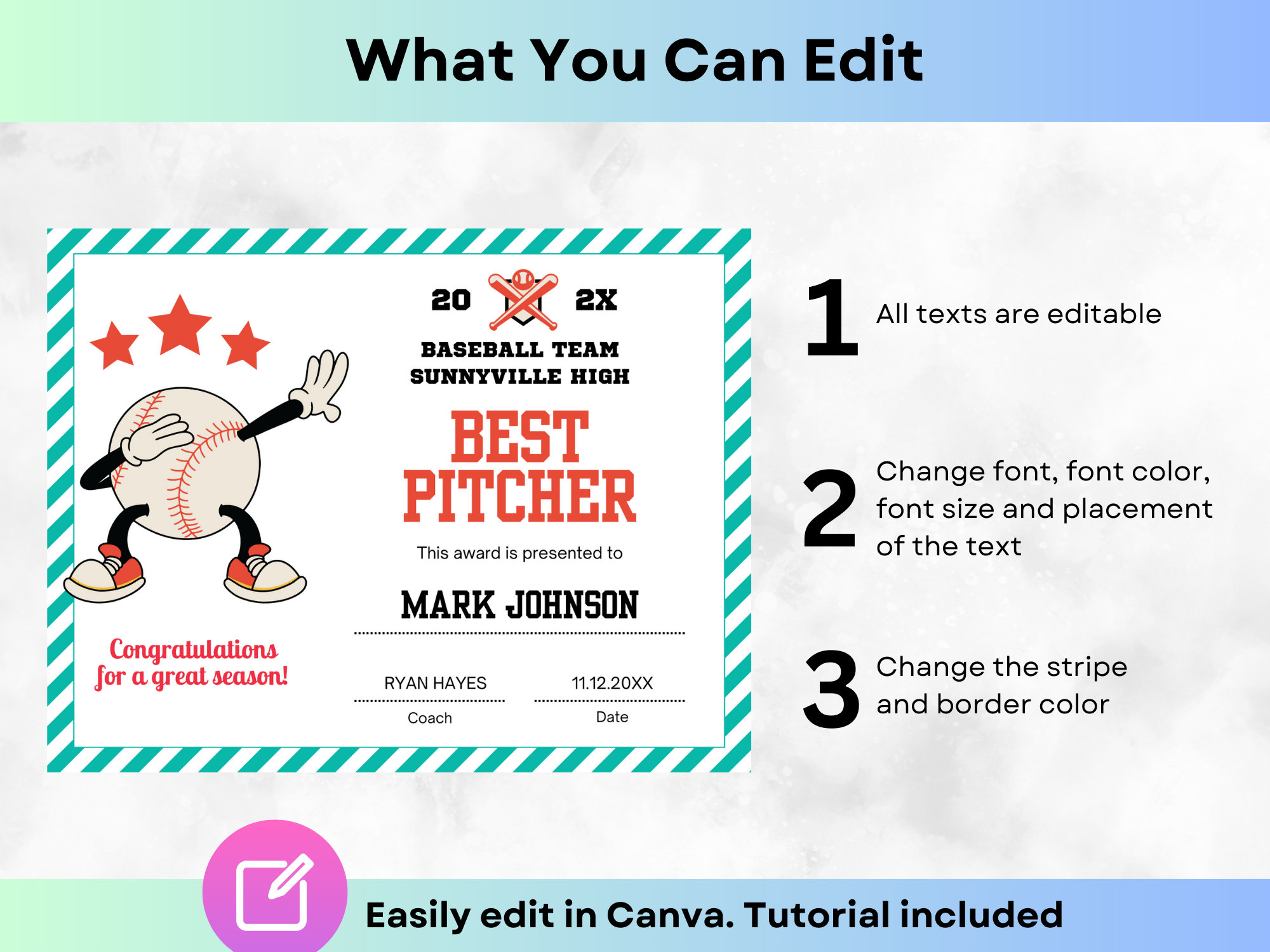 Baseball Certificate Editable Kids Baseball Team Awards Canva Template ...