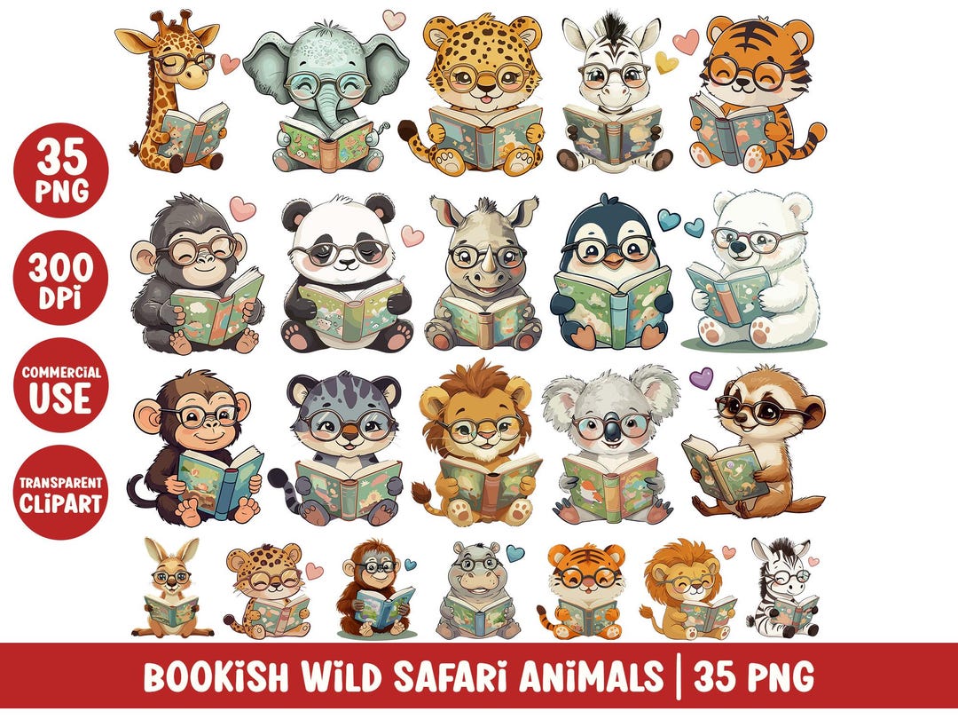 Animals Reading Book Watercolor Clipart Cute Bookish Animal PNG Bundle ...