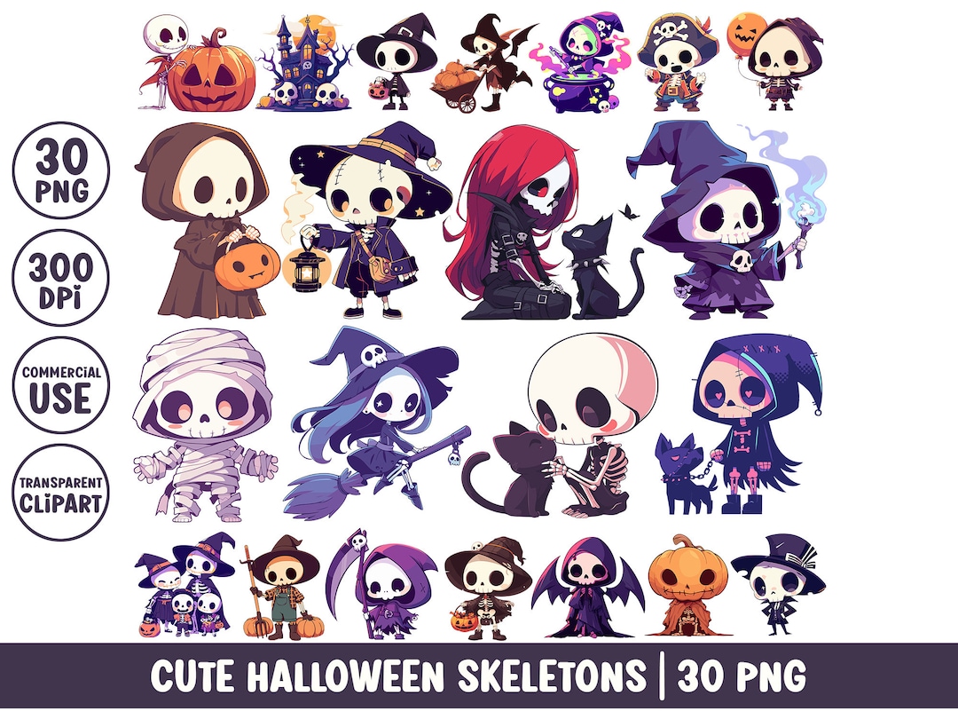 Halloween Skeletons Clipart Cute Skull PNG Bundle Set Kawaii Spooky ...