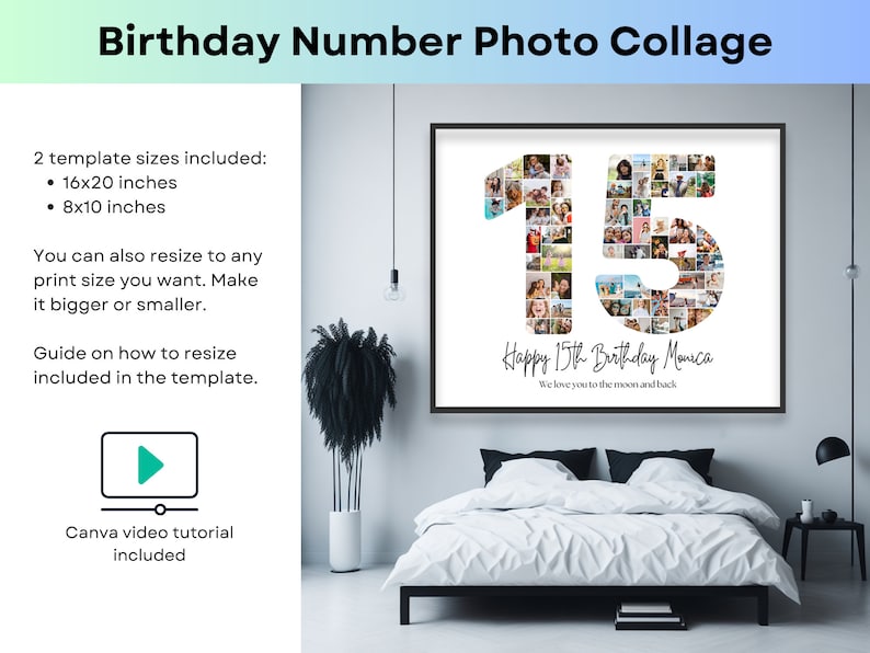 15th Birthday Number 15 Photo Collage Printable Canva Frame Template ...
