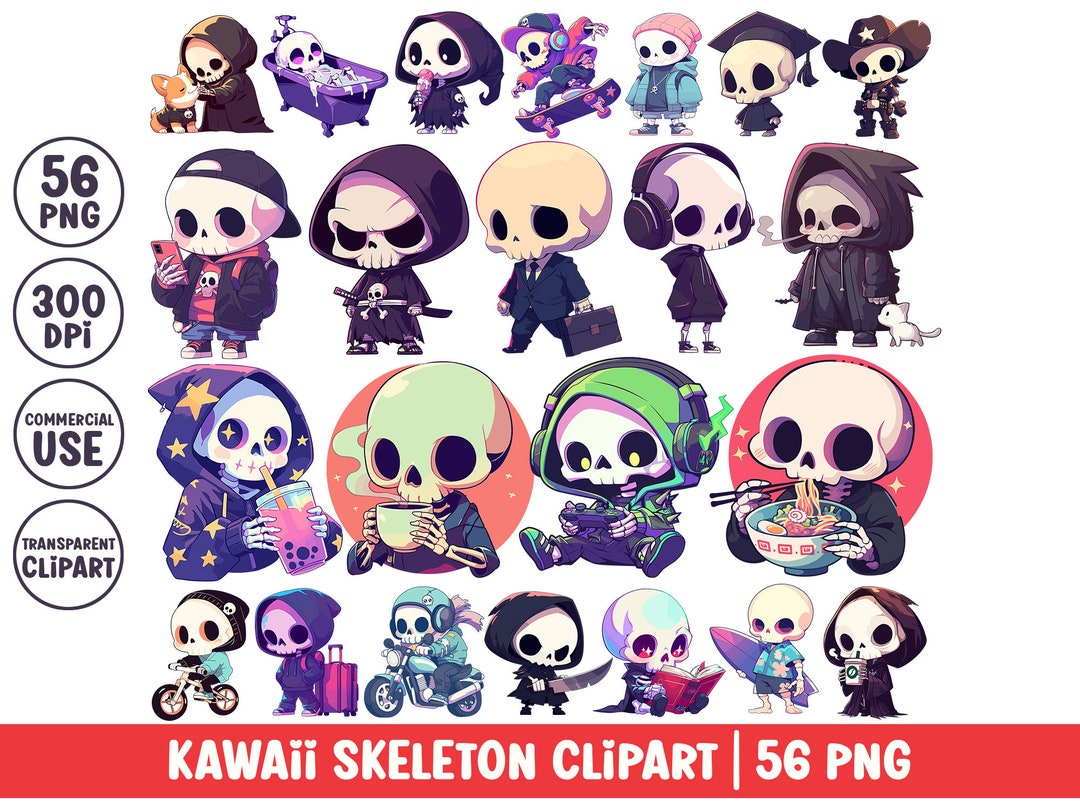 Kawaii Skeletons Clipart Cute Skull PNG Bundle Set Skeleton Cartoon ...