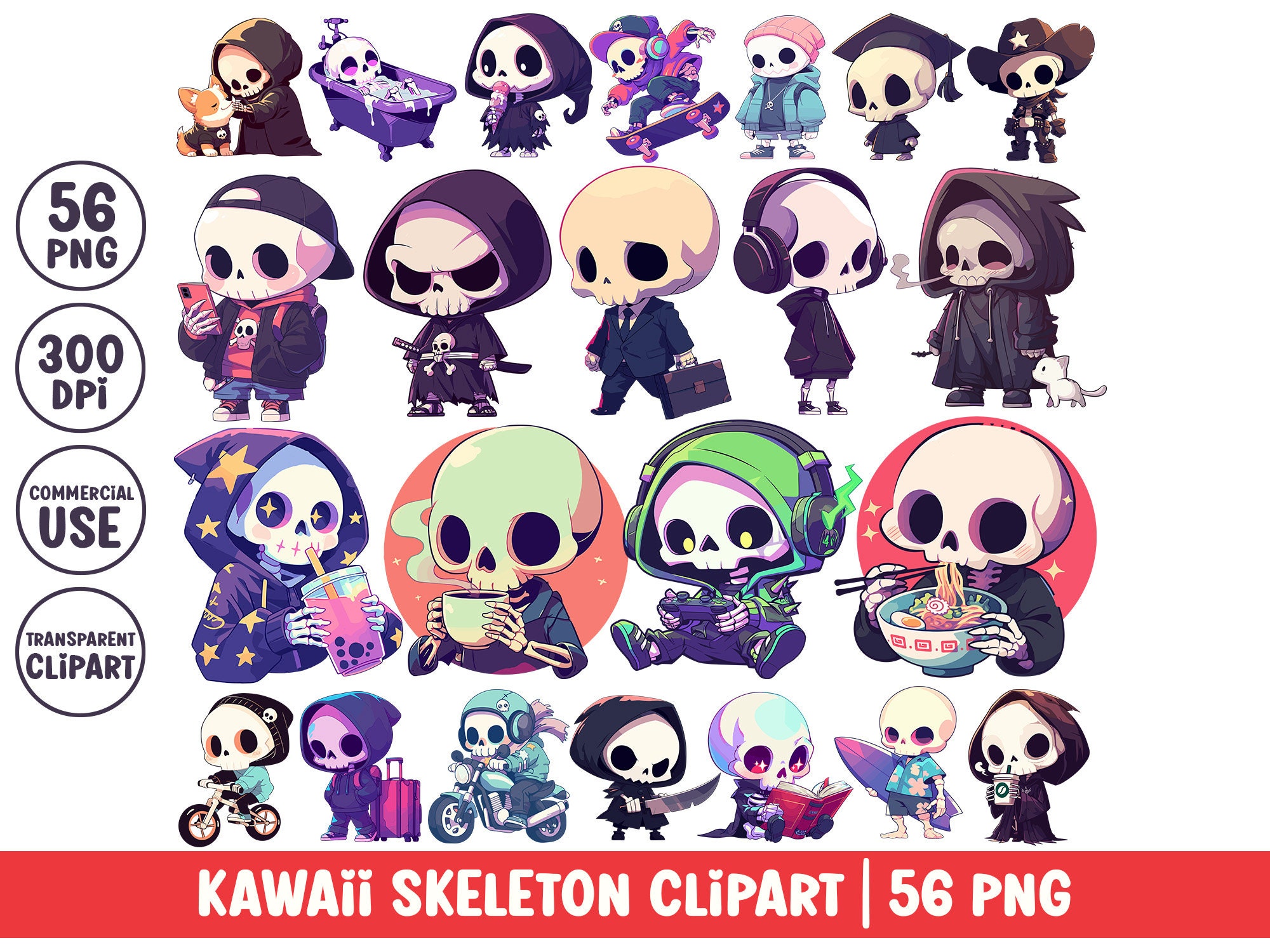Kawaii Skeletons Clipart Cute Skull PNG Bundle Set Skeleton Cartoon ...