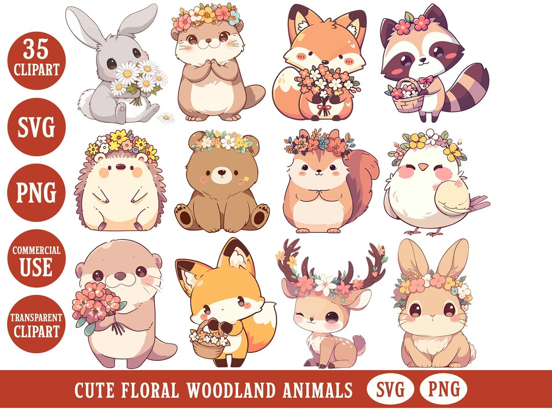 Woodland Spring Animal Clipart Cute Floral Animals PNG Bundle Set Cozy ...