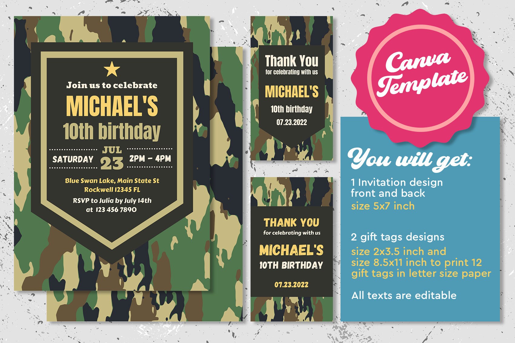 Paper & Party Supplies Camouflage Pattern Invite Printable DIY Army ...