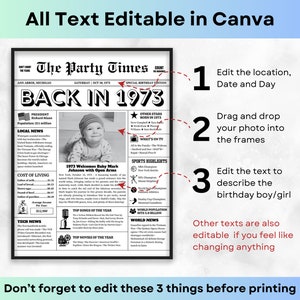 50th Birthday Newspaper Back in 1973 Printable Poster Personalized Gift ...