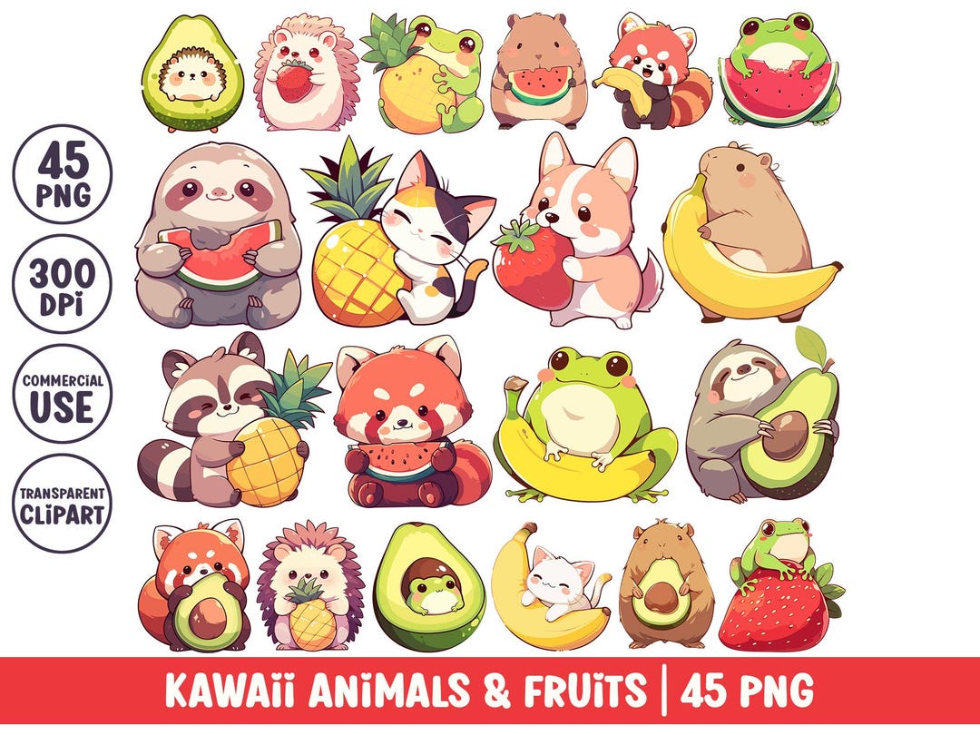 Kawaii Animal and Fruit Clipart PNG Bundle Set Cute Cartoon ...
