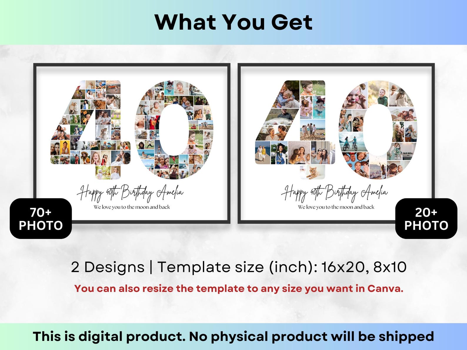 40th Birthday Number 40 Photo Collage Printable Canva Frame Template ...