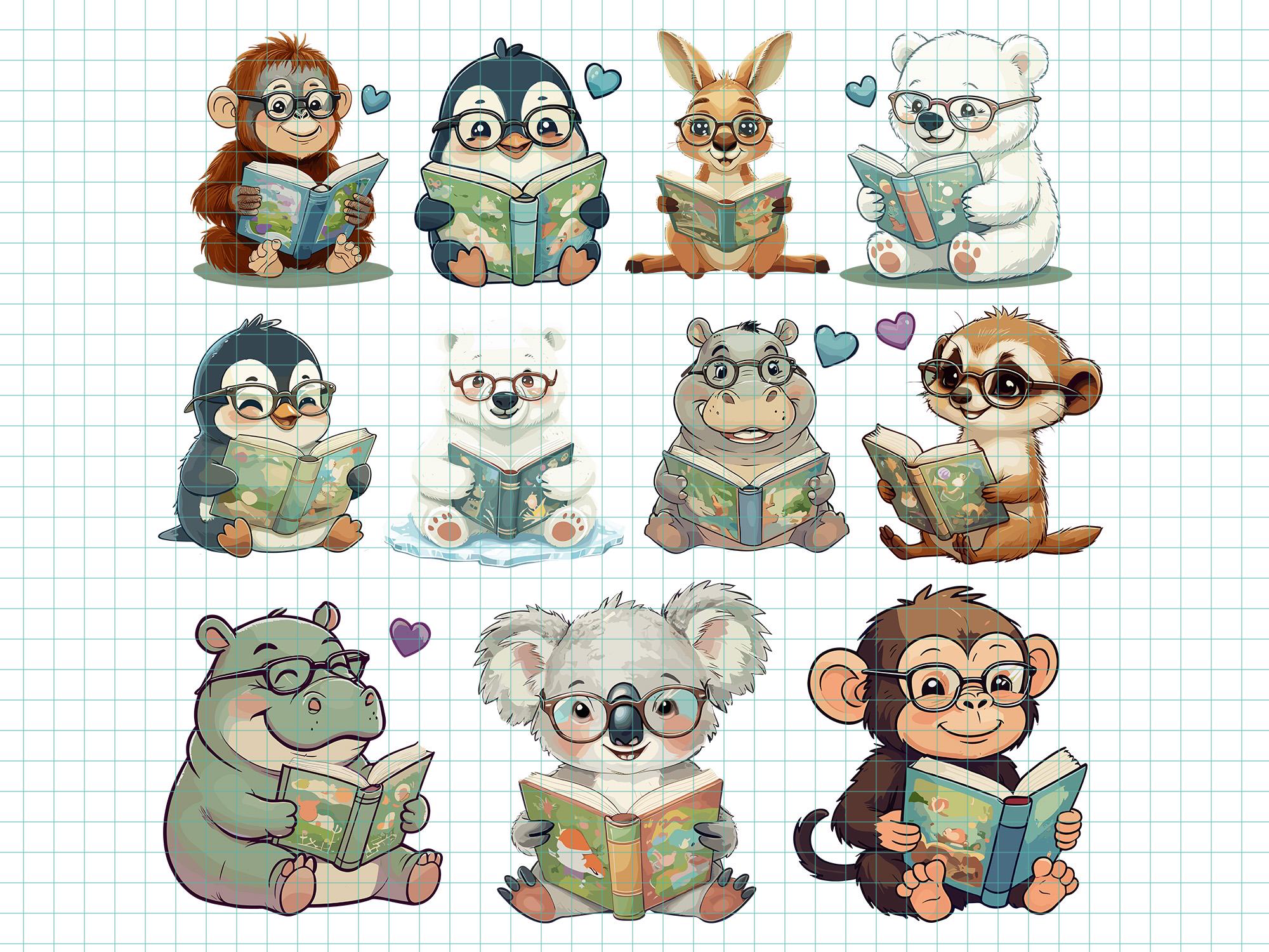 Animals Reading Book Watercolor Clipart Cute Bookish Animal PNG Bundle ...