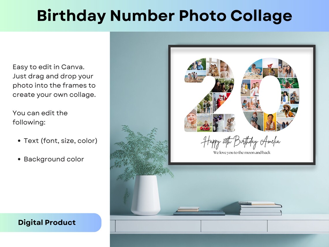 20th Birthday Number 20 Photo Collage Printable Canva Frame - Etsy