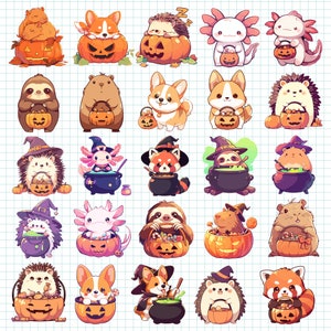 Halloween Animals Clipart Cute Cartoon PNG Kawaii Axolotl Sloth ...