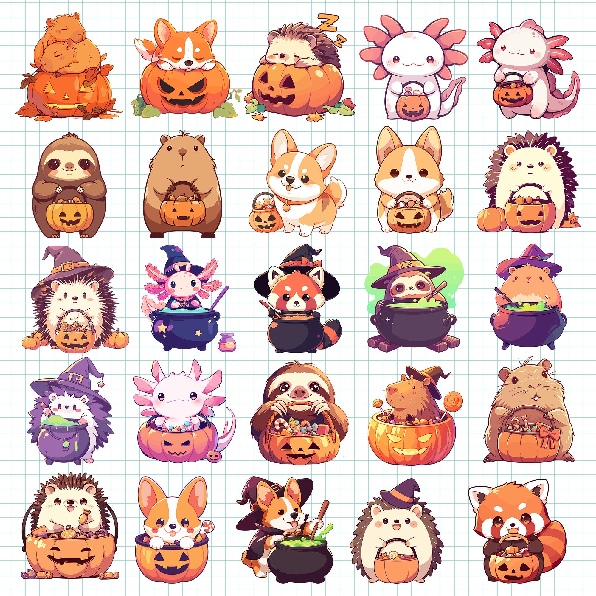 Halloween Animals Clipart Cute Cartoon PNG Kawaii Axolotl Sloth ...