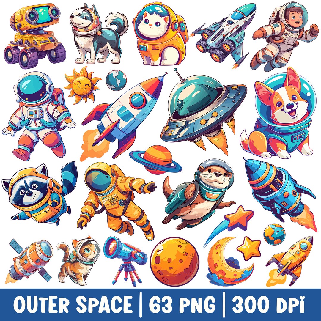Cute Outer Space Clipart Astronaut PNG Bundle Planets Rocket UFO ...