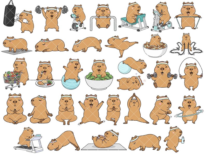 Capybara Fitness Clipart Gym Workout Png Bundle Kawaii Sports Animal ...